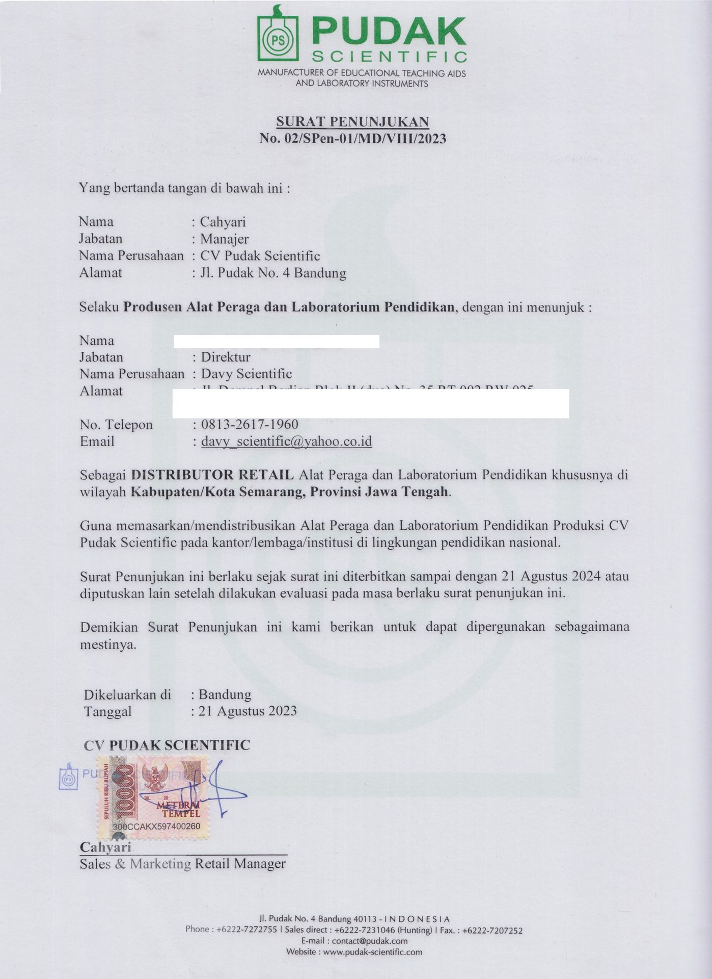 Davy Scientific I Distributor Resmi Pudak